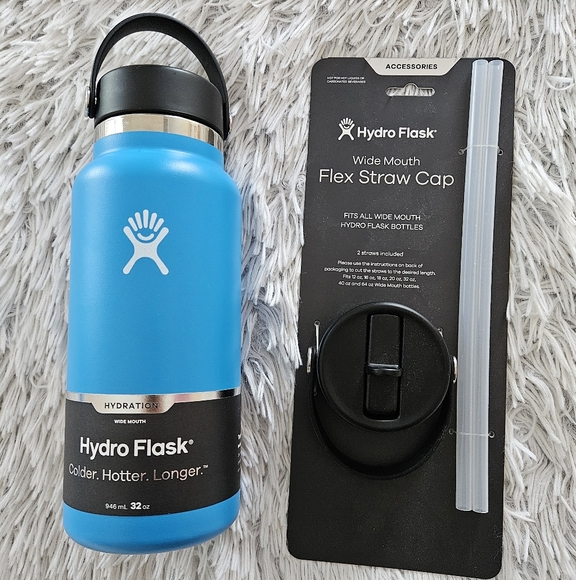 Hydro Flask | Dining | Hydro Flask 32 Oz Pacific Blue Wide Mouth Extra Flex Straw Cap 2 Straws ...